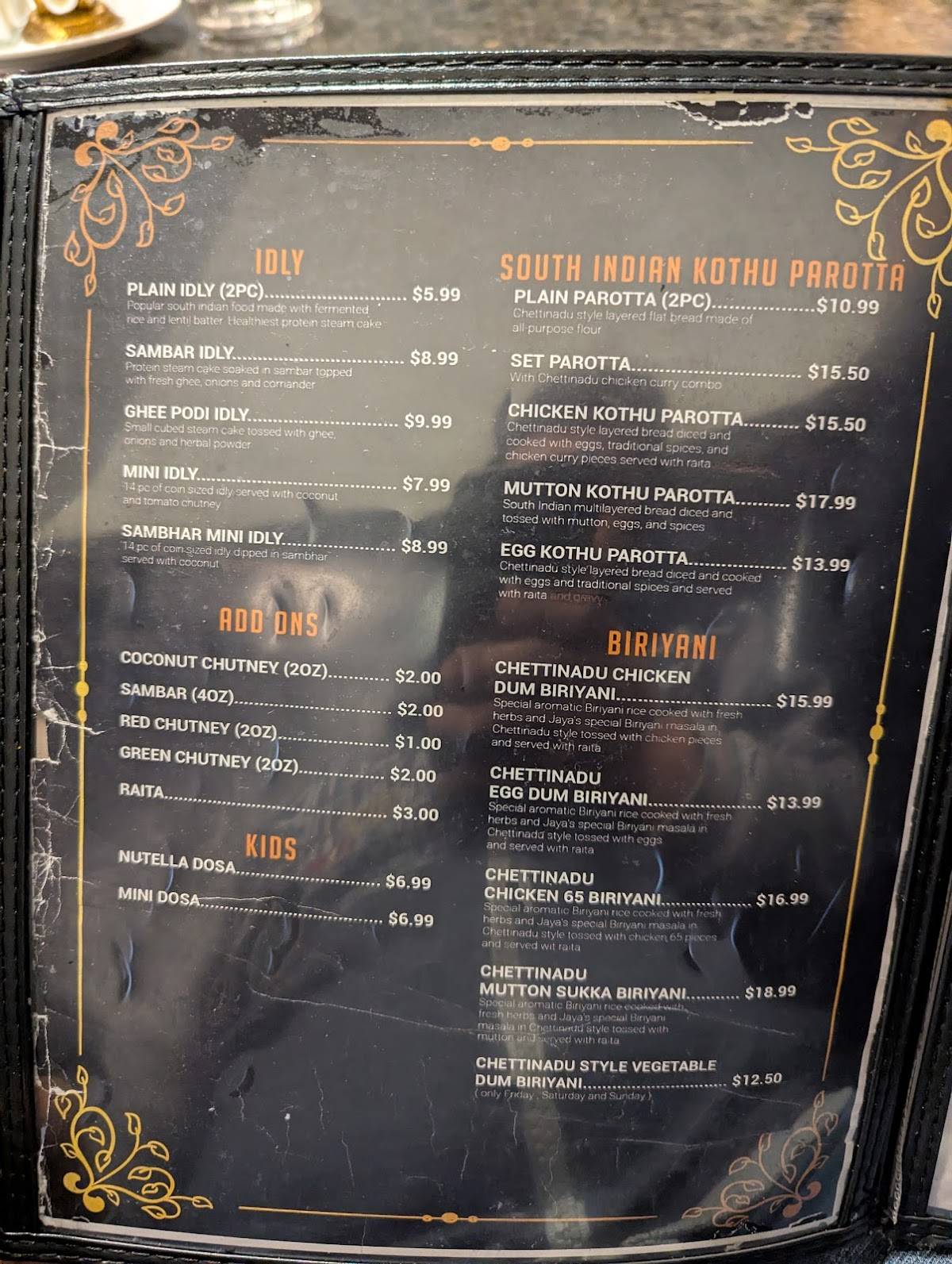 Menu at Jayalakshmi South Indian Cuisine restaurant, Kitchener