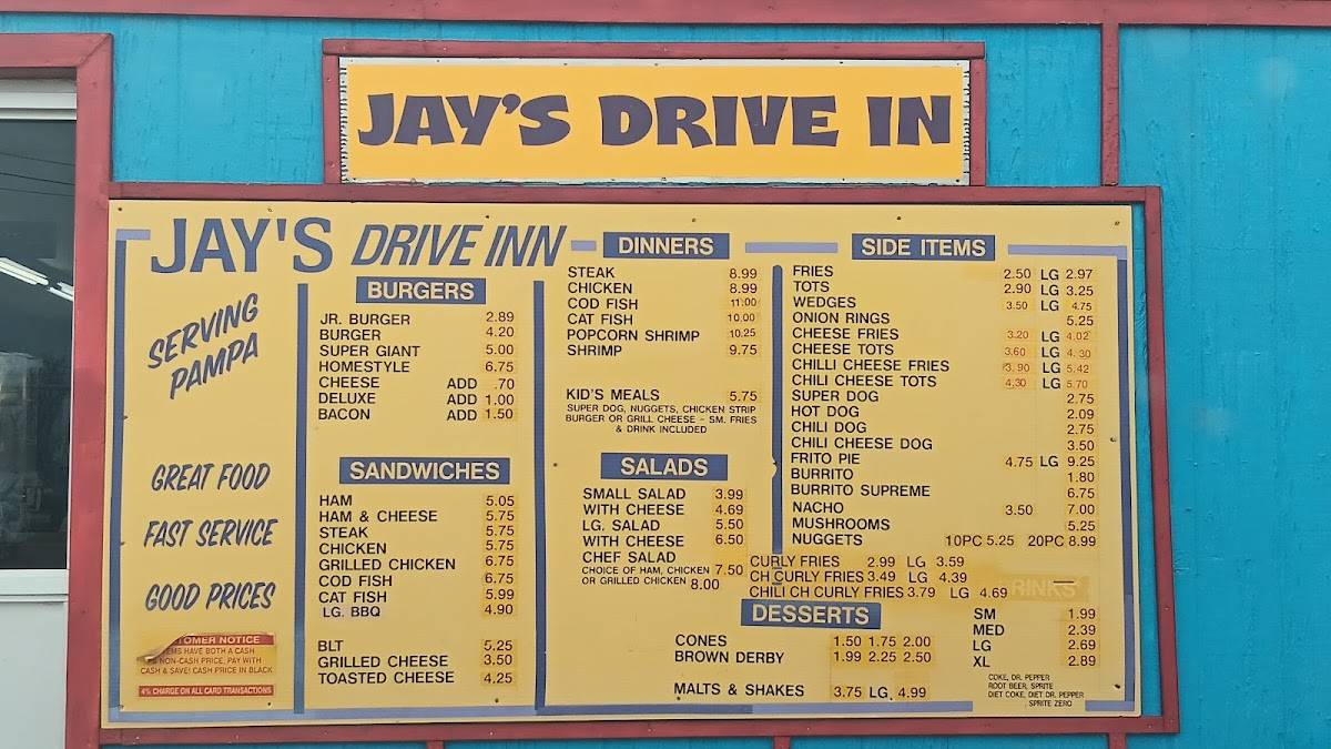 Menu at Jay's Drive Inn restaurant, Pampa