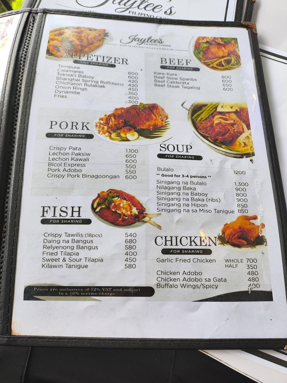Menu at Jaytee's Classic Filipino Cuisine restaurant, Tagaytay, 4W2X+H5H