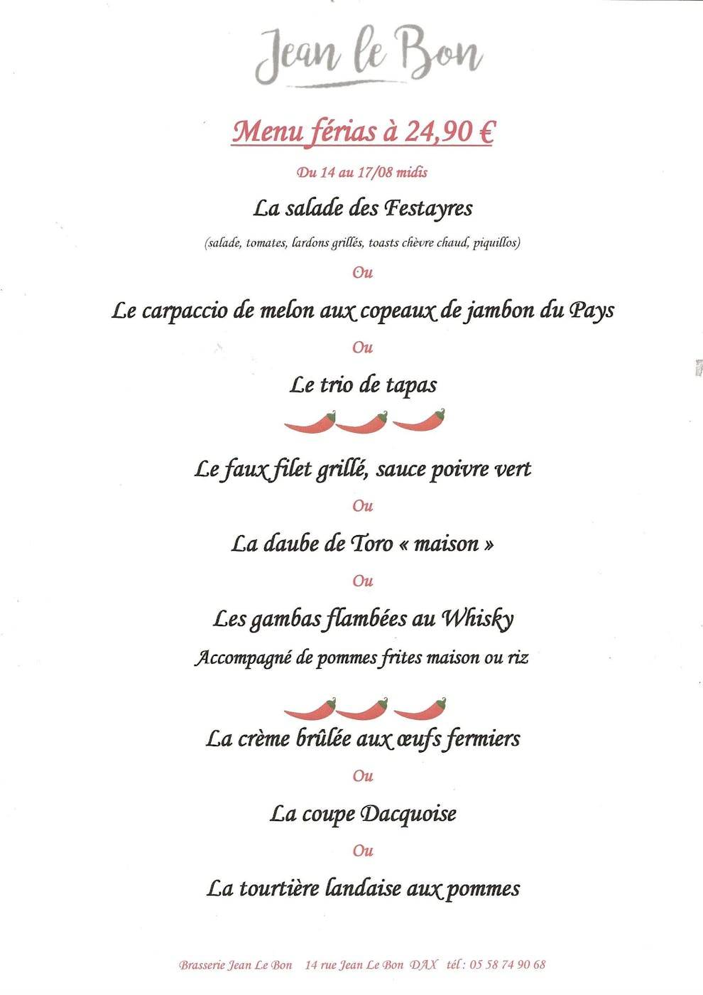 Menu au Restaurant BrasserieJean Le Bon, Dax