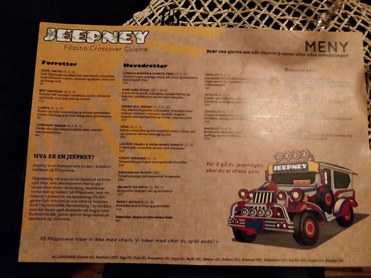 Carta del restaurante Jeepney: Filipino Crossover Cuisine, Oslo