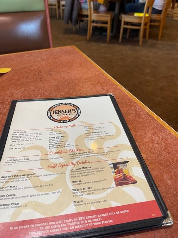 Menu at Jensen's Cafe, Burnsville