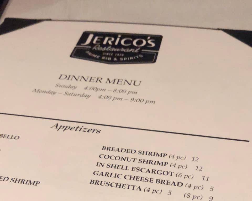 Menu at Jerico's steakhouse, Omaha