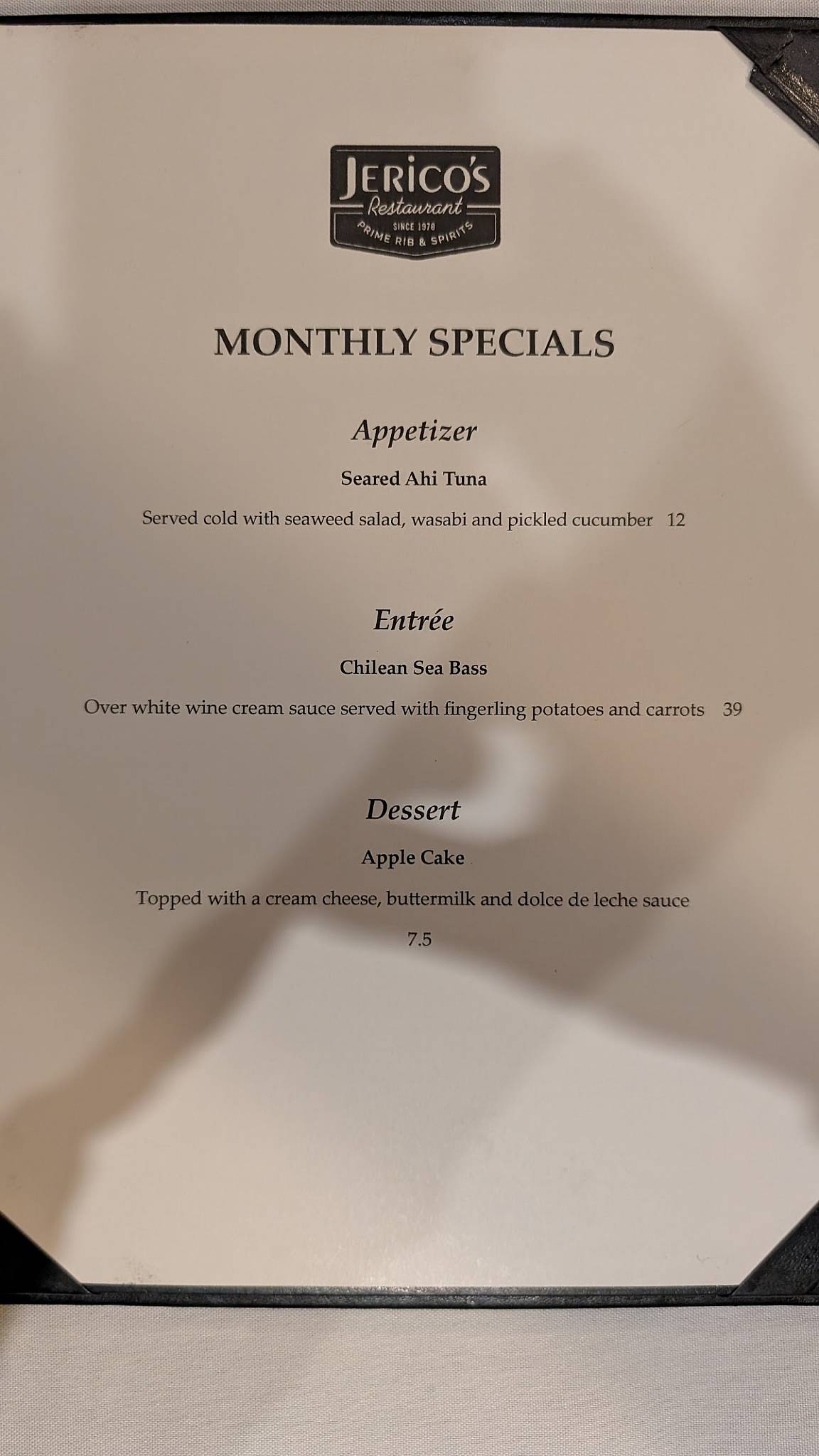 Menu at Jerico's steakhouse, Omaha