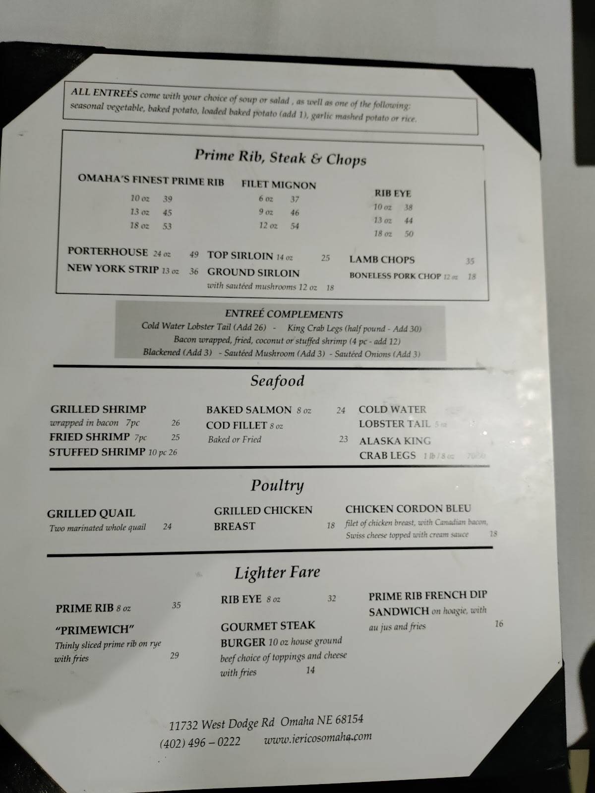 Menu at Jerico's steakhouse, Omaha