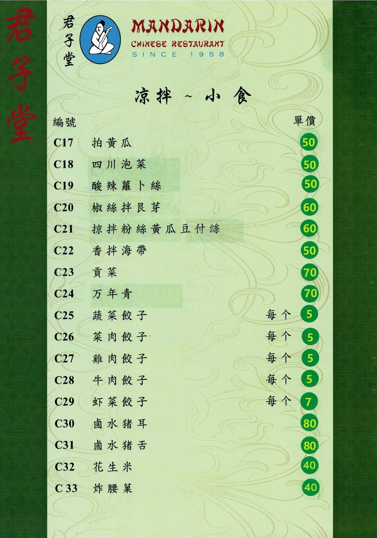 Menu at Mandarin restaurant, Jerusalem