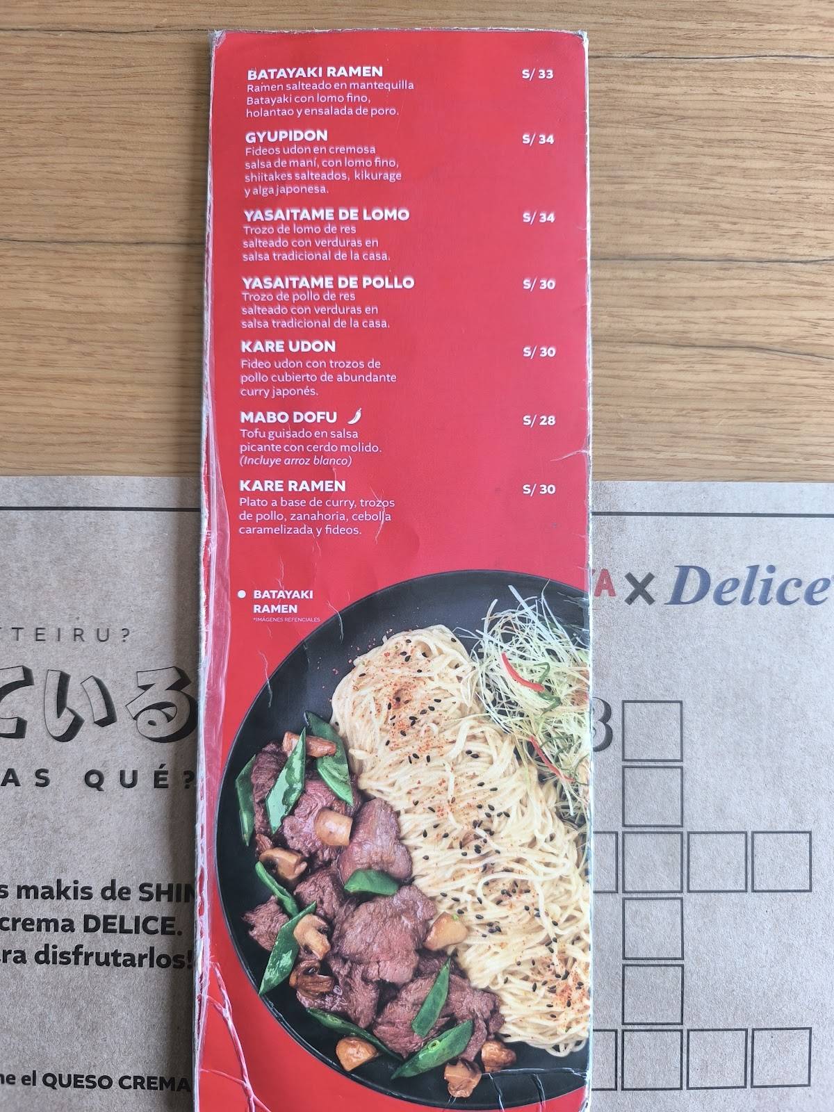 Carta del restaurante Shimaya Ramen, Jesus Maria, P.º Belaunde Terry 20