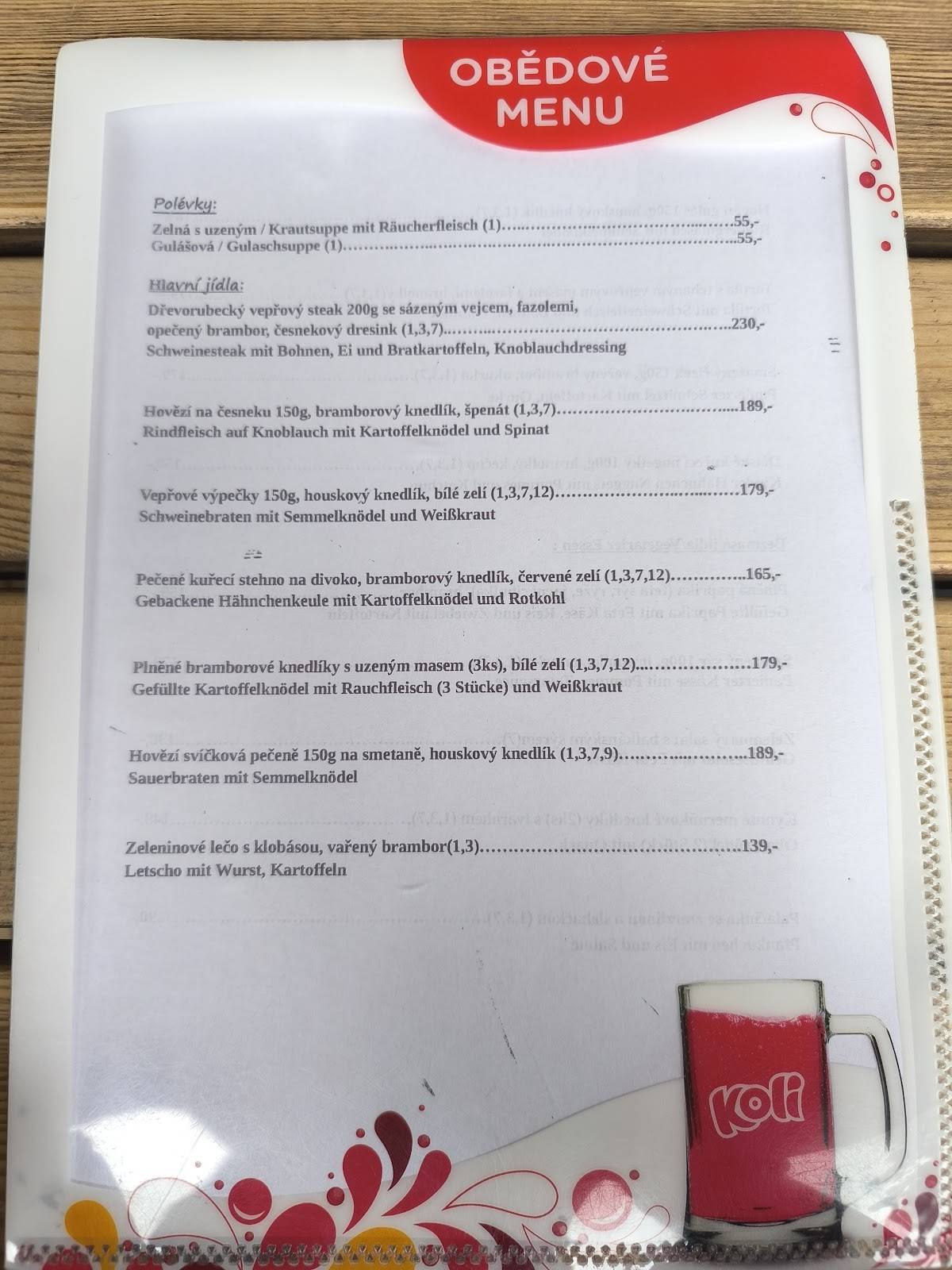 Menu at Restaurace Praha restaurant, Jetřichovice