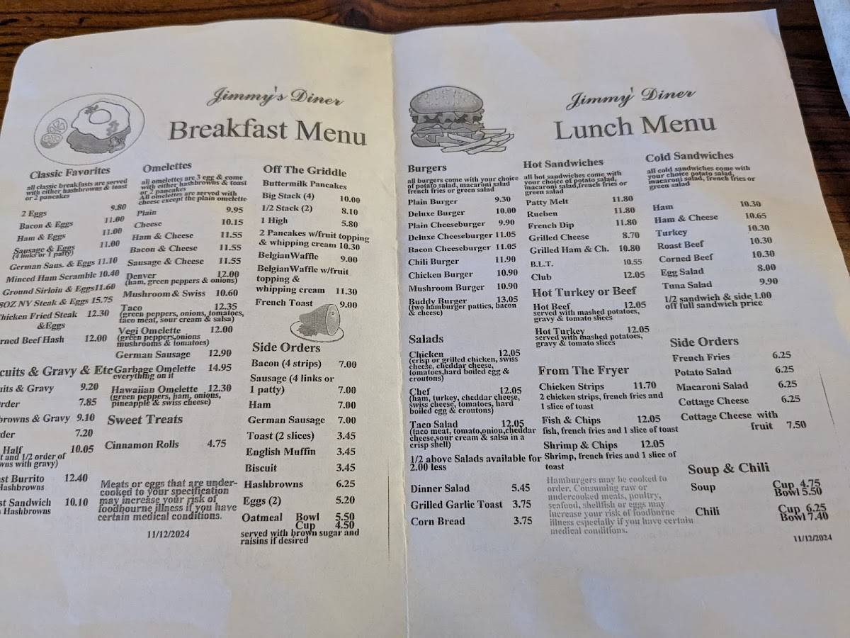 Menu at Jimmy's Diner restaurant, East Wenatchee, 418 Rock Island Rd