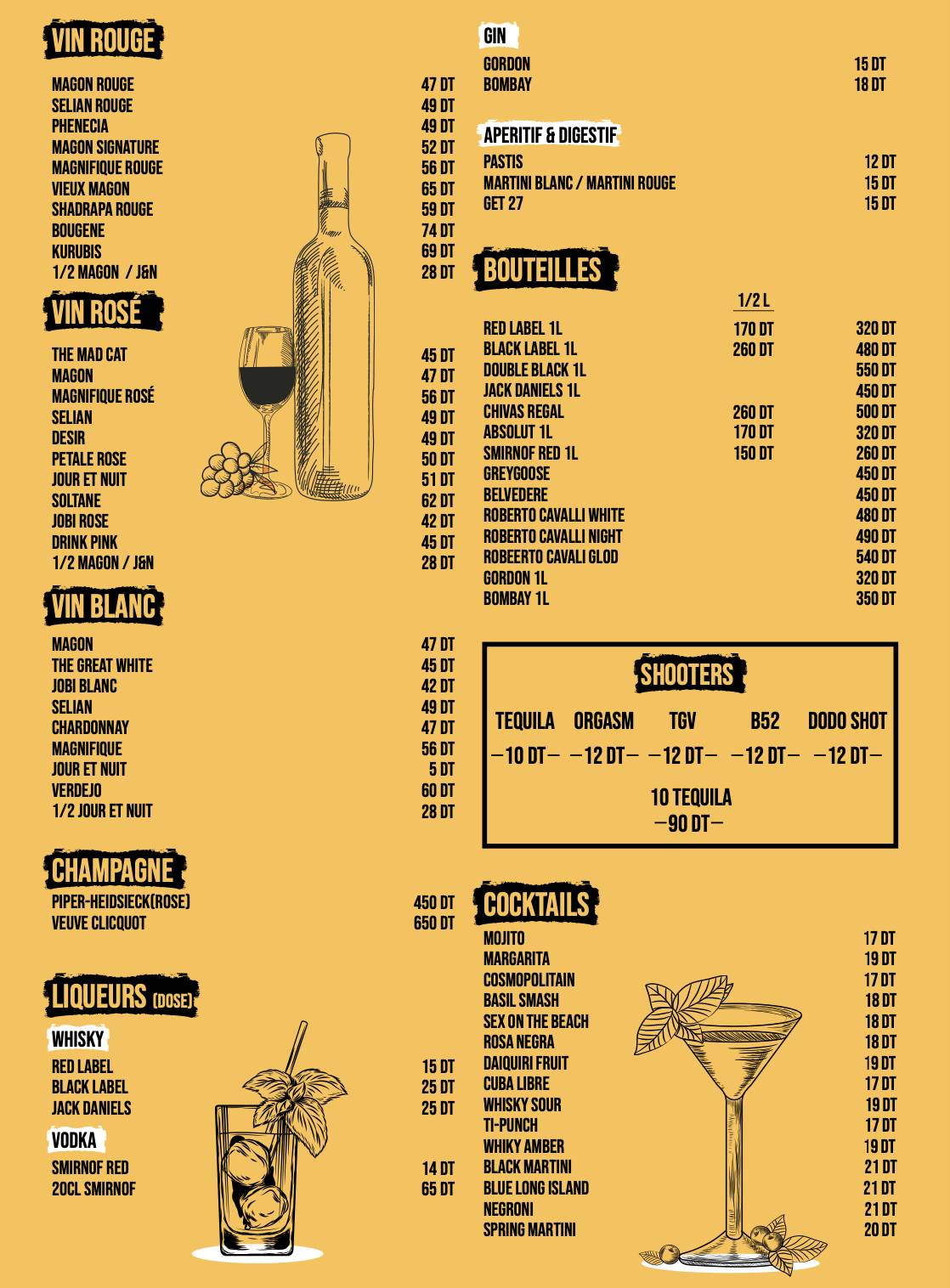 Menu au Jobi Gammarth pub et bar, Gammarth