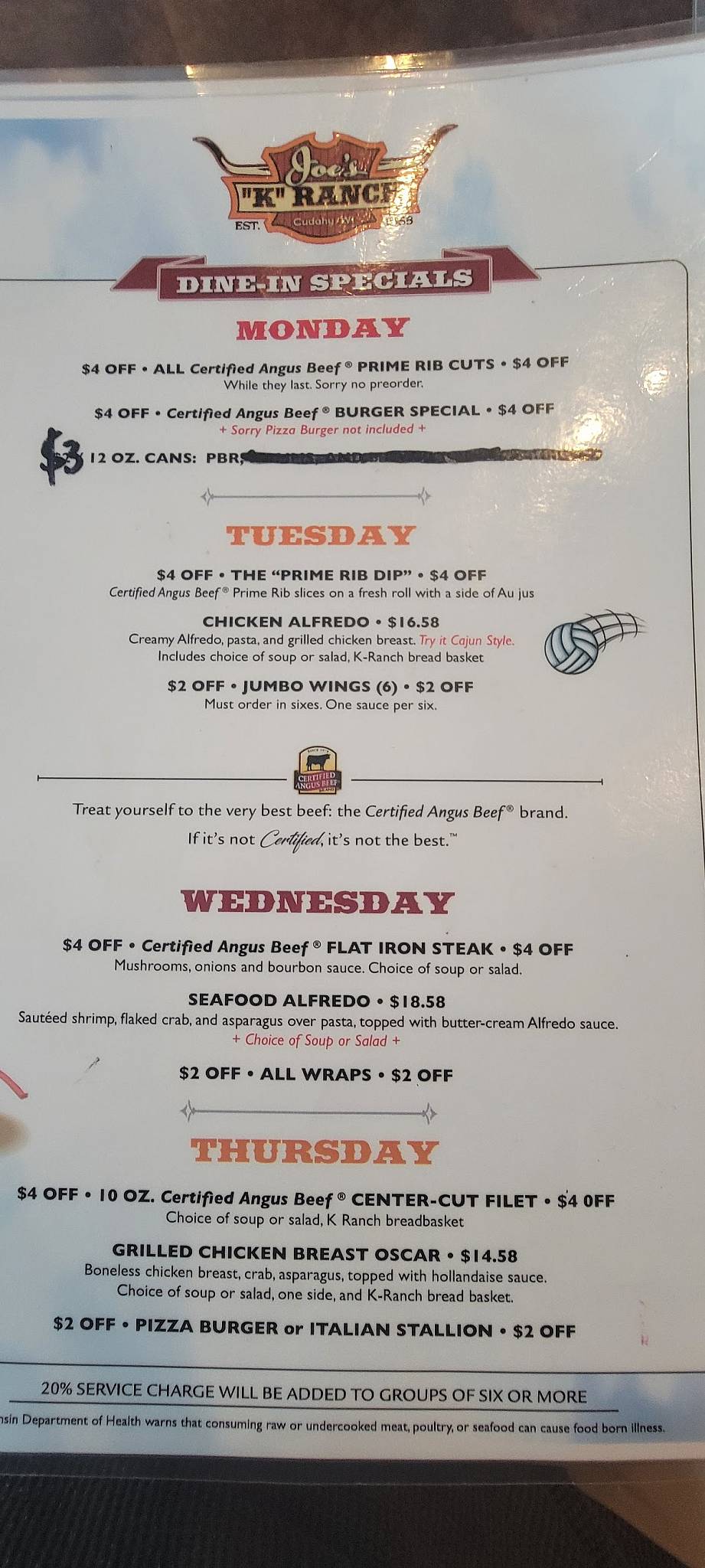 Menu at Joe's “K” Ranch pub & bar, Cudahy