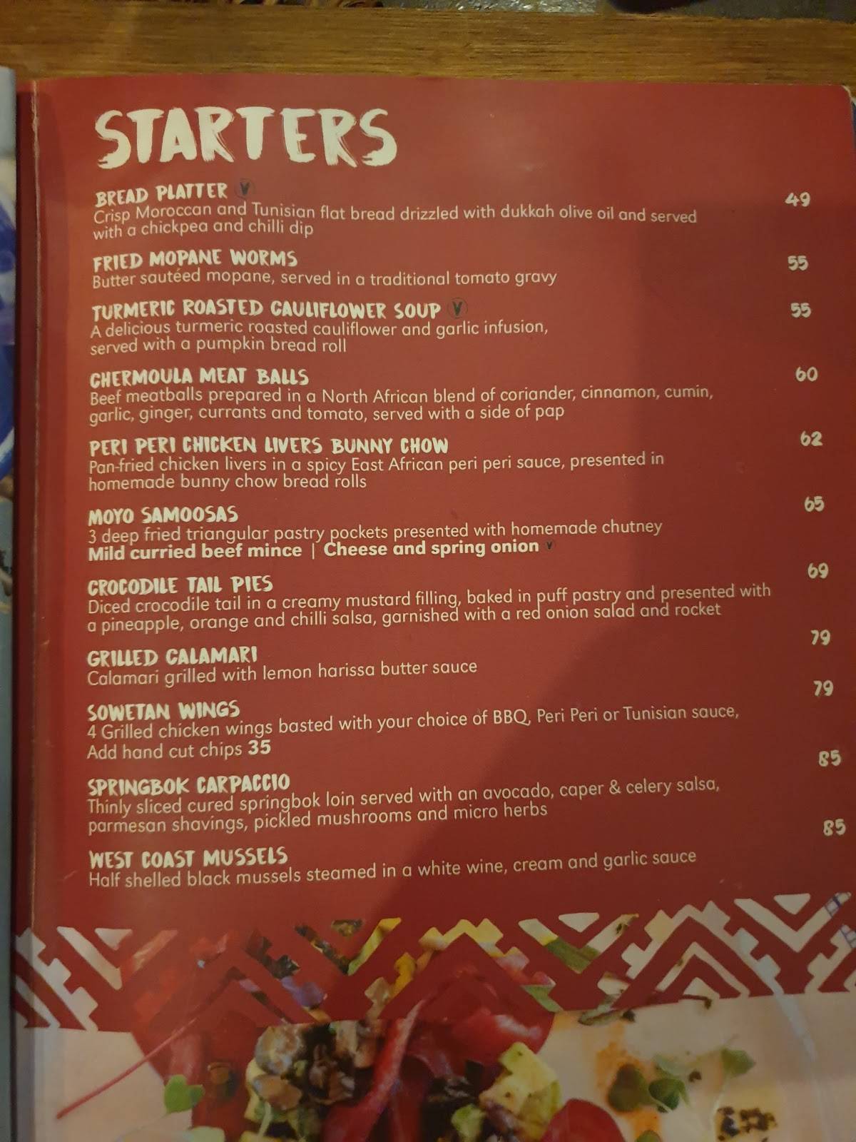 Menu at moyo Zoo Lake restaurant, Randburg