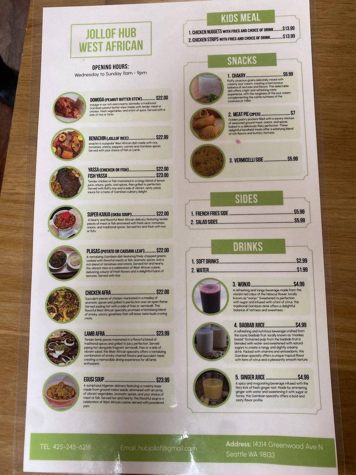 Menu at Jollof Hub West African Cuisines restaurant, Seattle