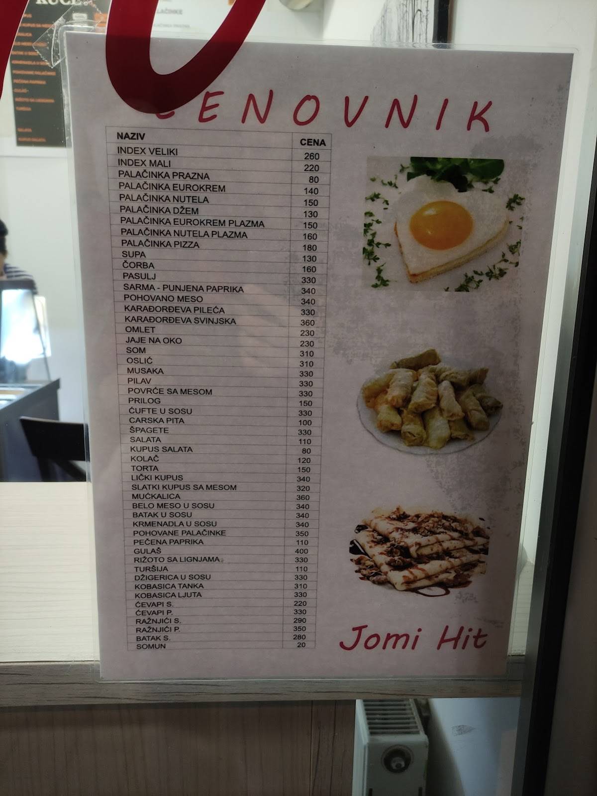 Menu at Jomi Kuhinja restaurant, Novi Sad