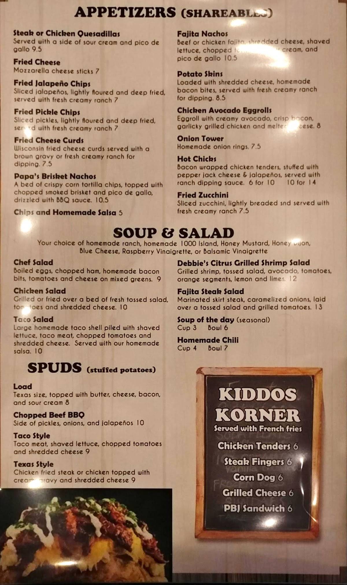 Menu at Papa Bear's steakhouse, Waco