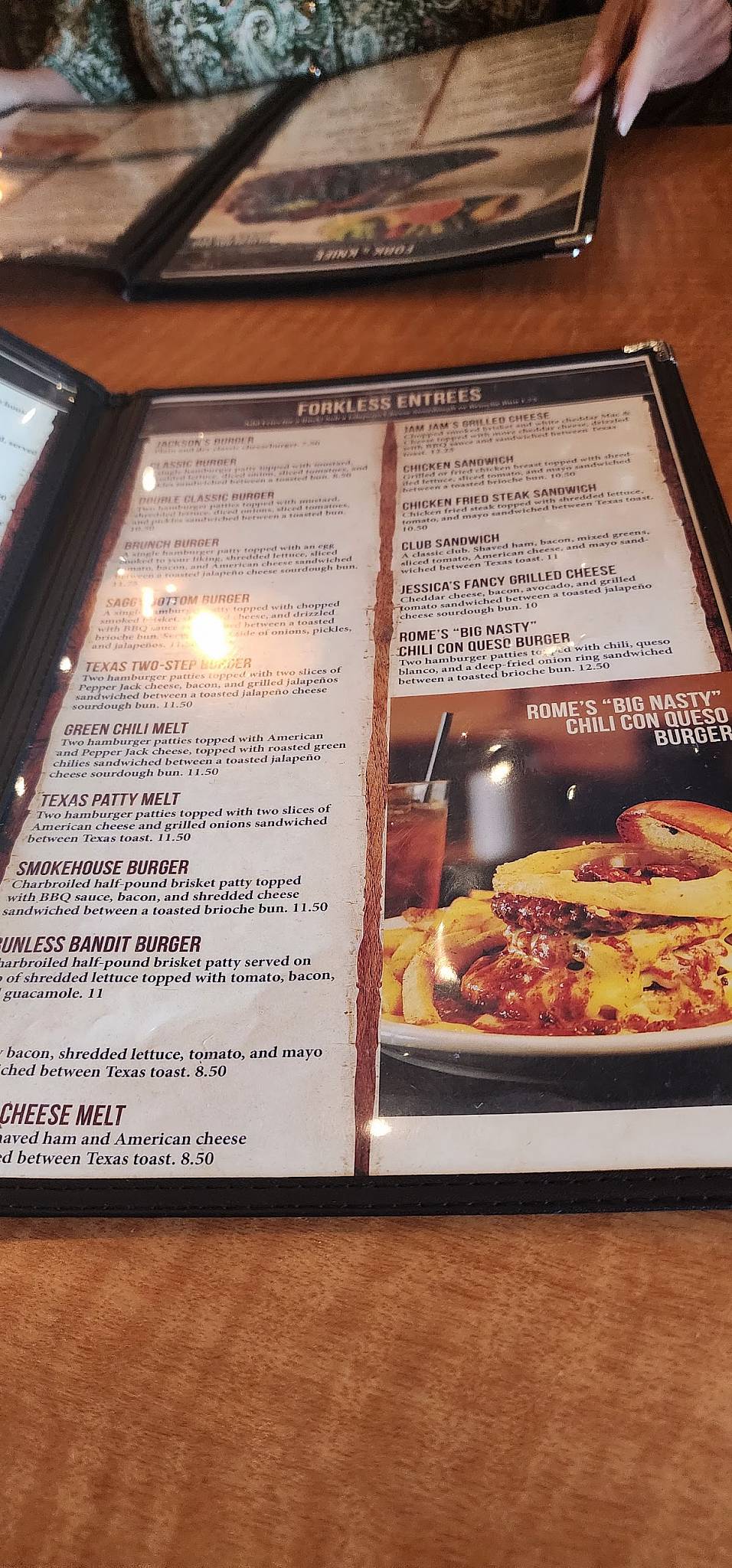 Menu at Papa Bear's steakhouse, Waco