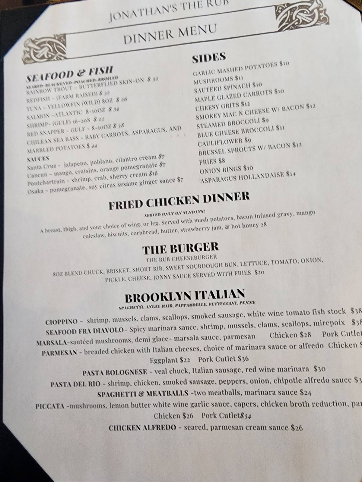 Menu at Jonathan's The Rub restaurant, Houston, 9090 Katy Freeway