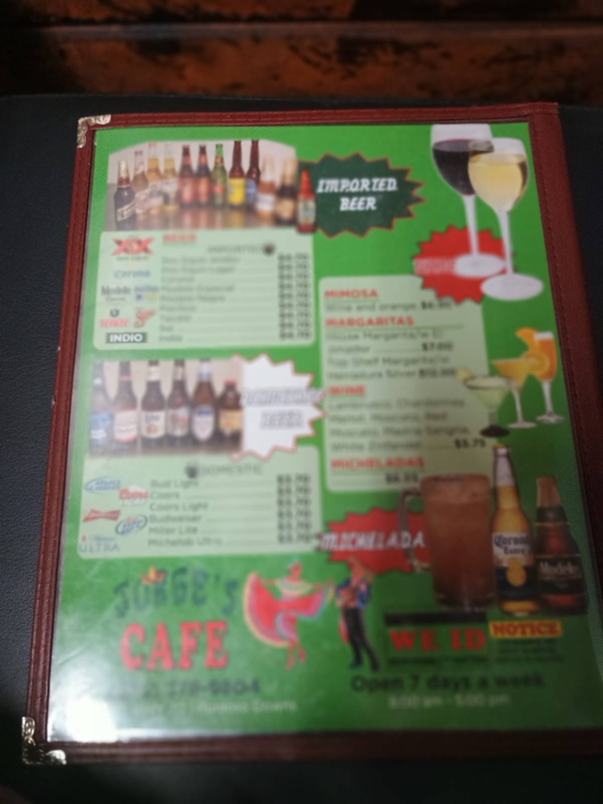 Menu at Jorge's Cafe, Ruidoso Downs, US-70