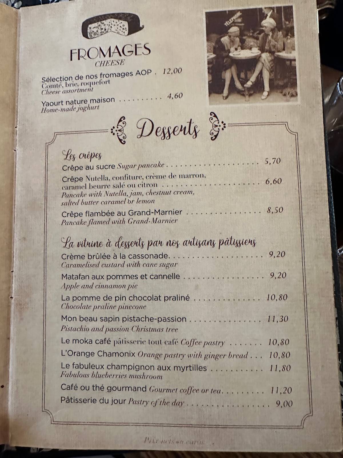 Menu at Josephine Restaurant, Chamonix
