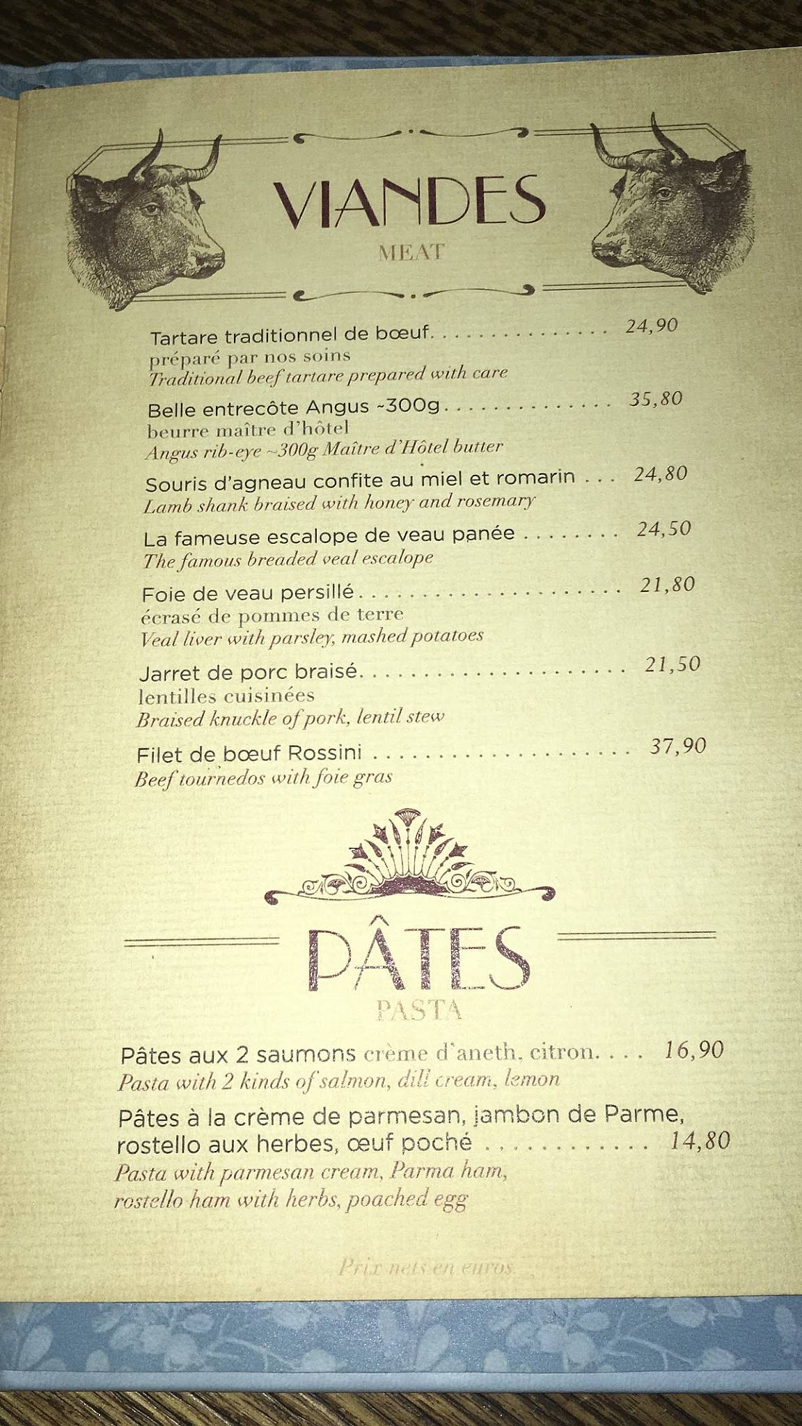 Menu at Josephine Restaurant, Chamonix