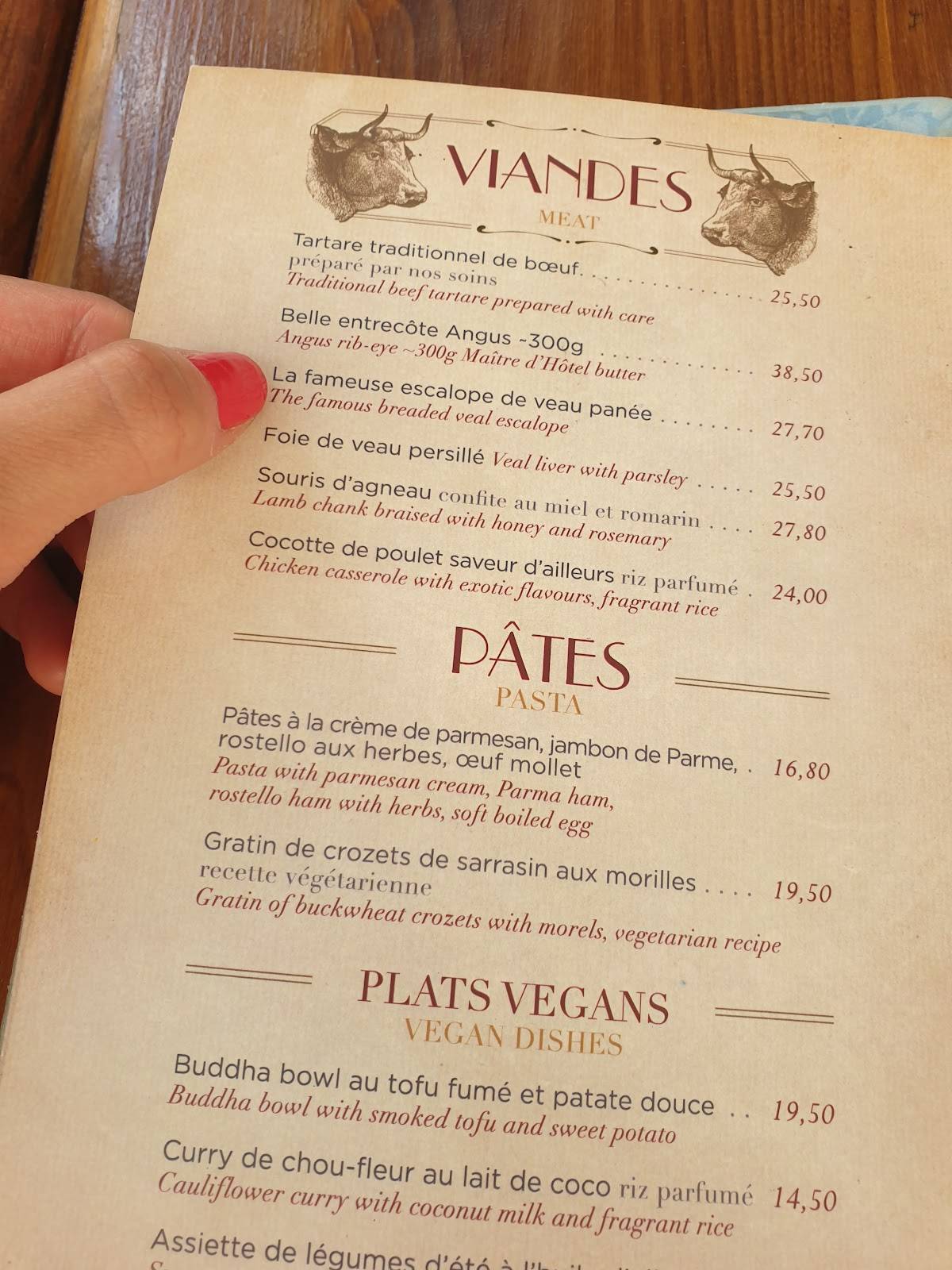 Menu at Josephine Restaurant, Chamonix