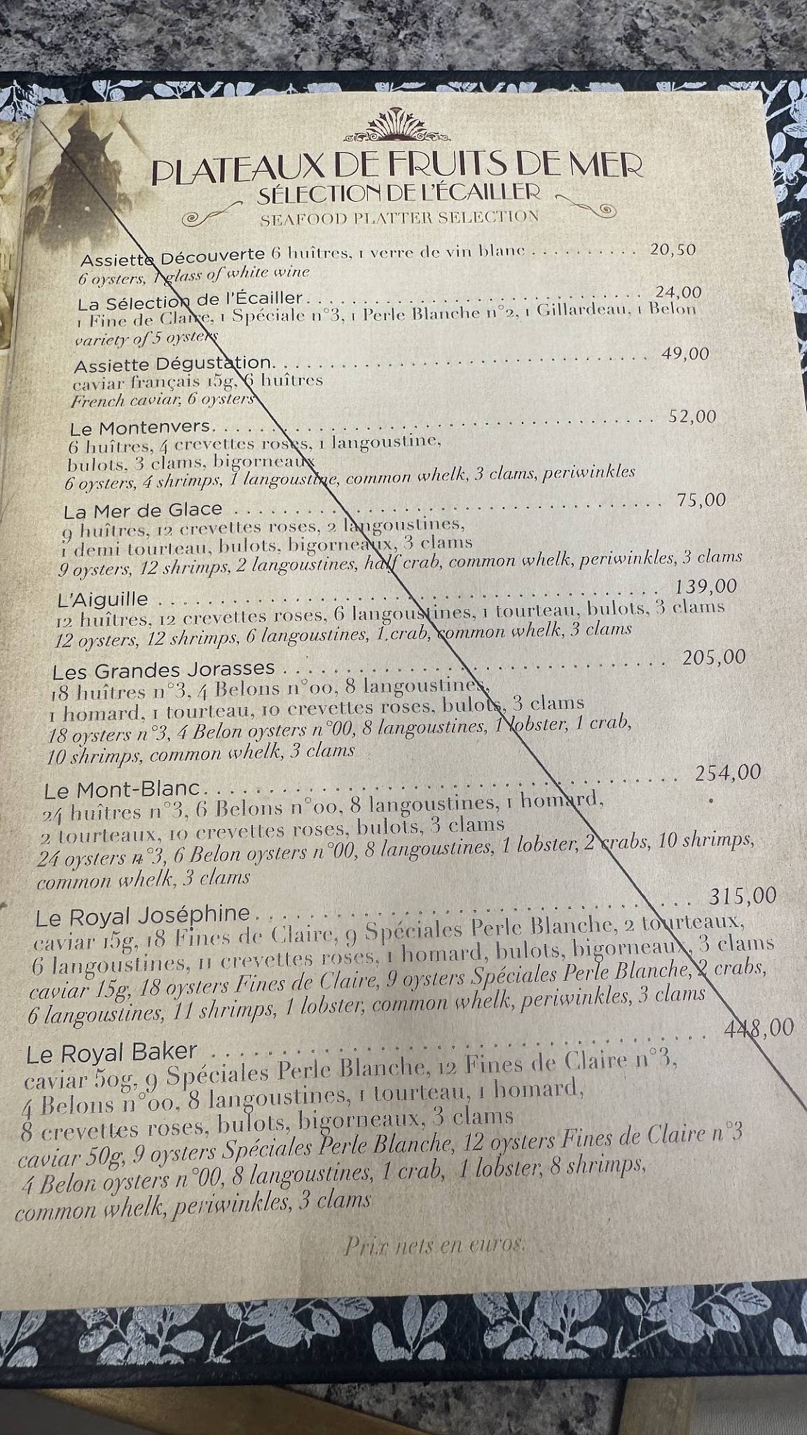 Menu at Josephine Restaurant, Chamonix