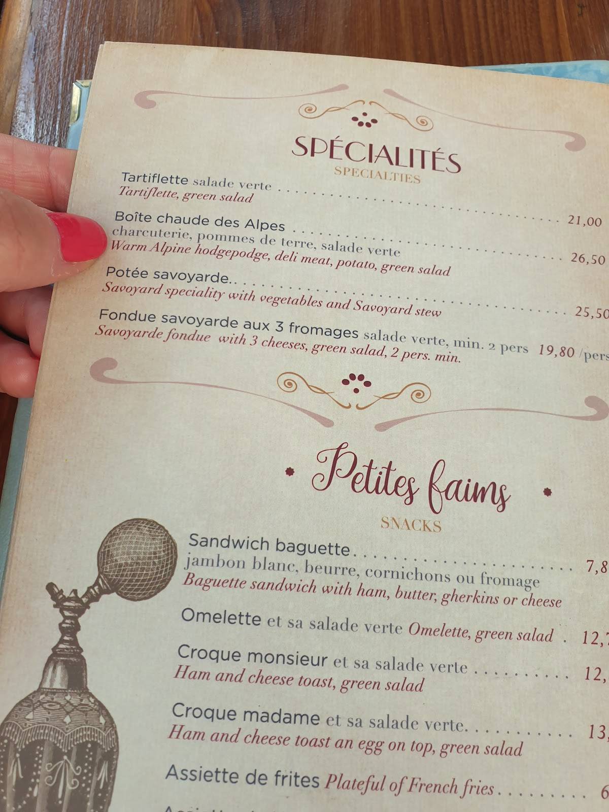 Menu at Josephine Restaurant, Chamonix
