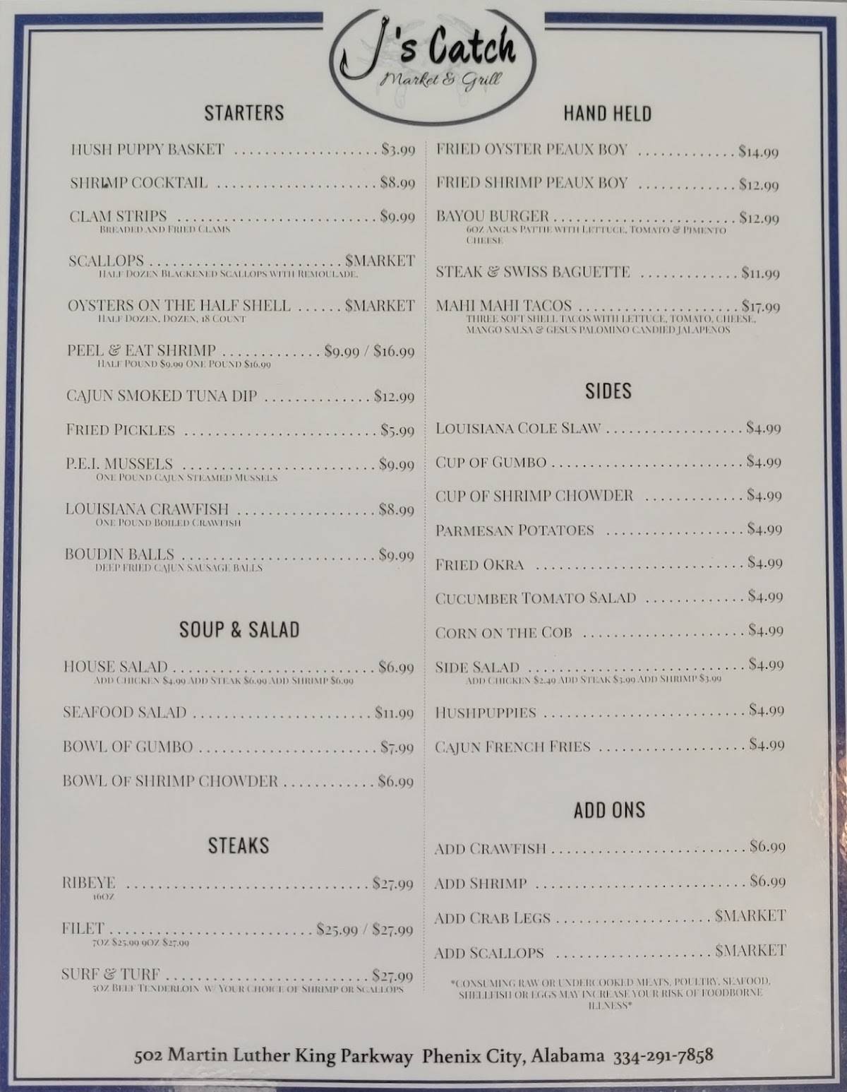 Menu at Js Catch Market & Grill restaurant, Phenix City
