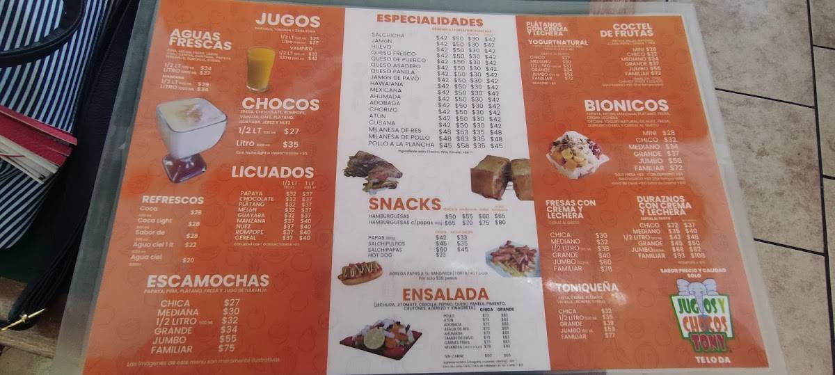Carta del pub y bar Jugos Y Chocos Tony, Aguascalientes, Aguascalientes ...