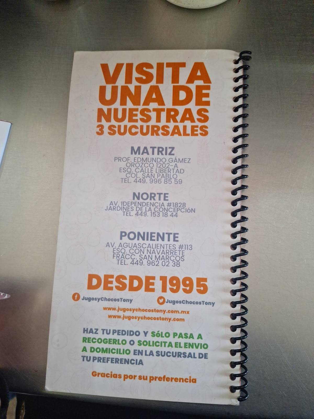 Menu at Jugos y Chocos Tony pub & bar, Aguascalientes, Aguascalientes ...