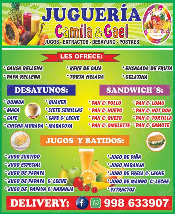Carta del restaurante Juguería y Desayunos "Camila y Gael" - Parcona ...