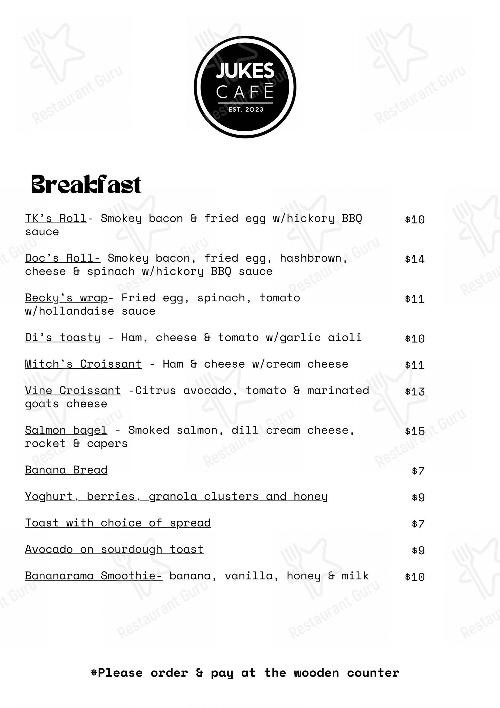 Menu at Jukes Cafe, Penrith
