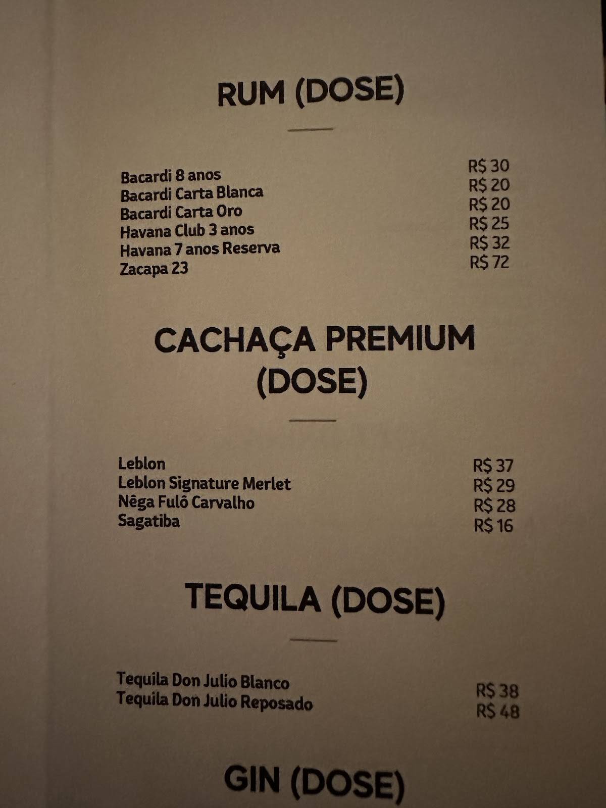 Menu at Julieta Restaurante, Rio de Janeiro, Praia do Flamengo