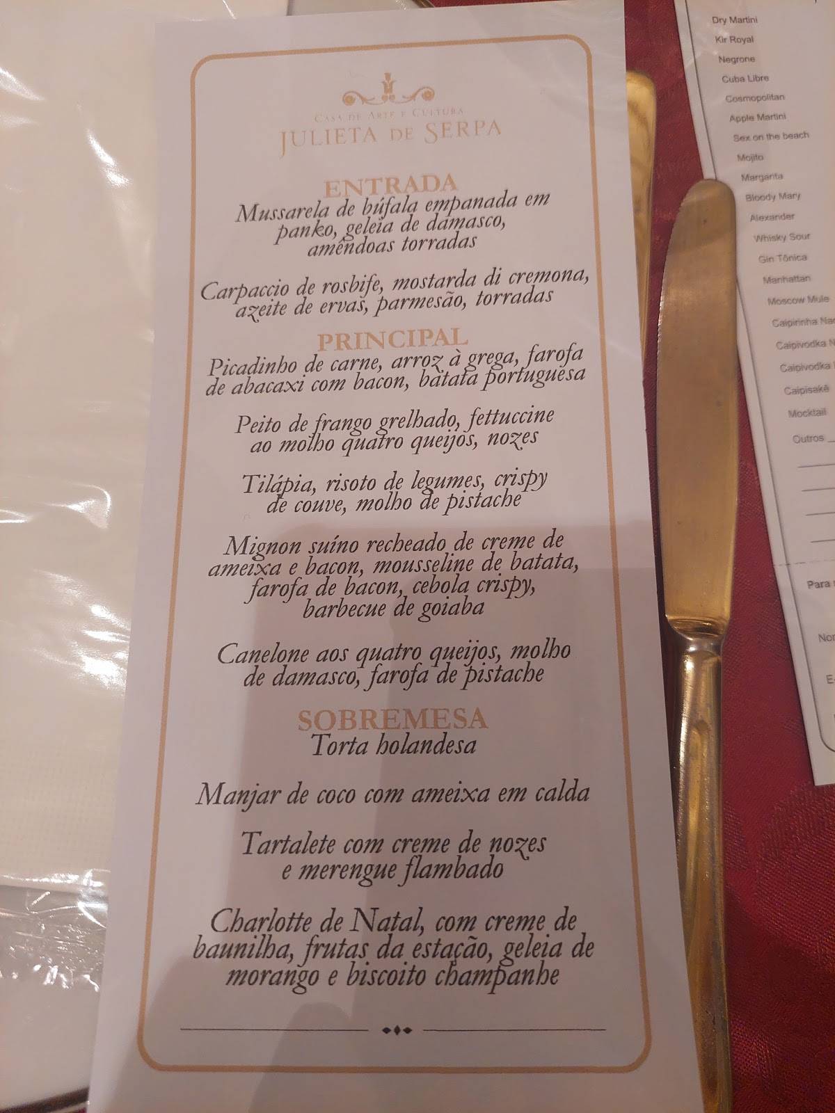 Menu at Julieta Restaurante, Rio de Janeiro, Praia do Flamengo