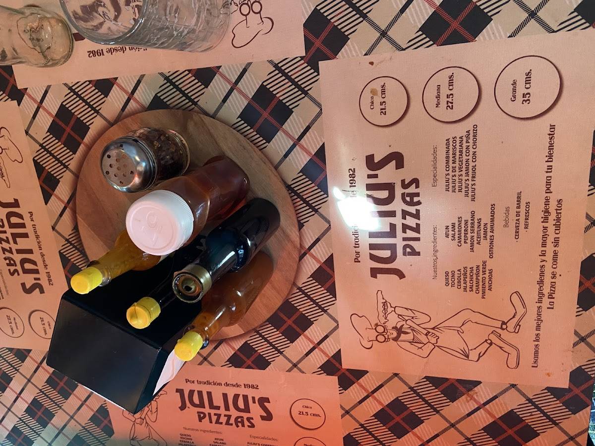 Carta de pizzería Julius Pizzas, Ciudad de México, C. Pilares No. 60