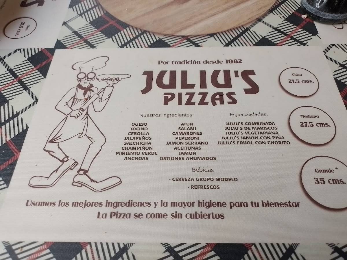 Carta de pizzería Julius Pizzas, Ciudad de México, C. Pilares No. 60