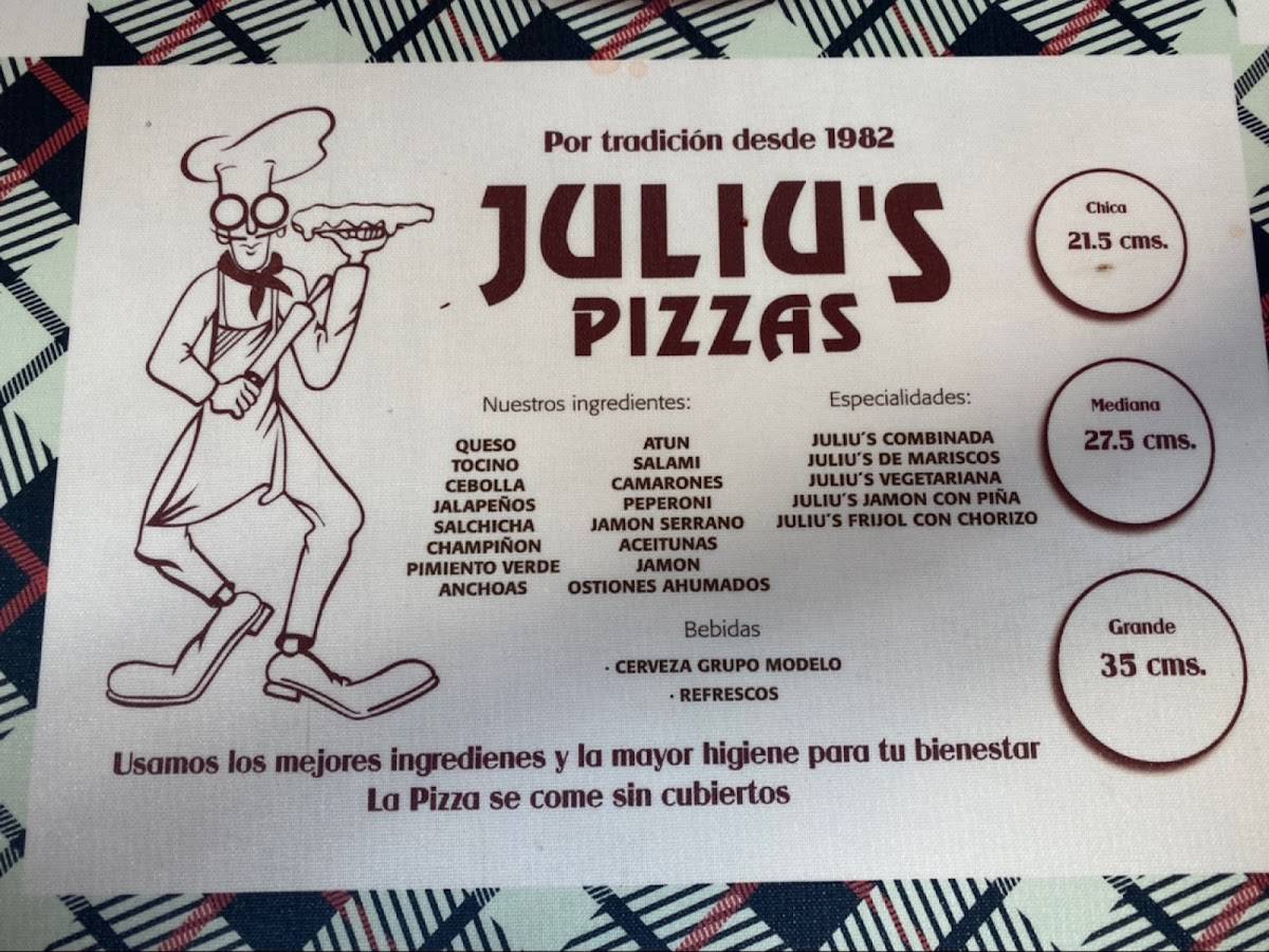 Carta de pizzería Julius Pizzas, Ciudad de México, C. Pilares No. 60