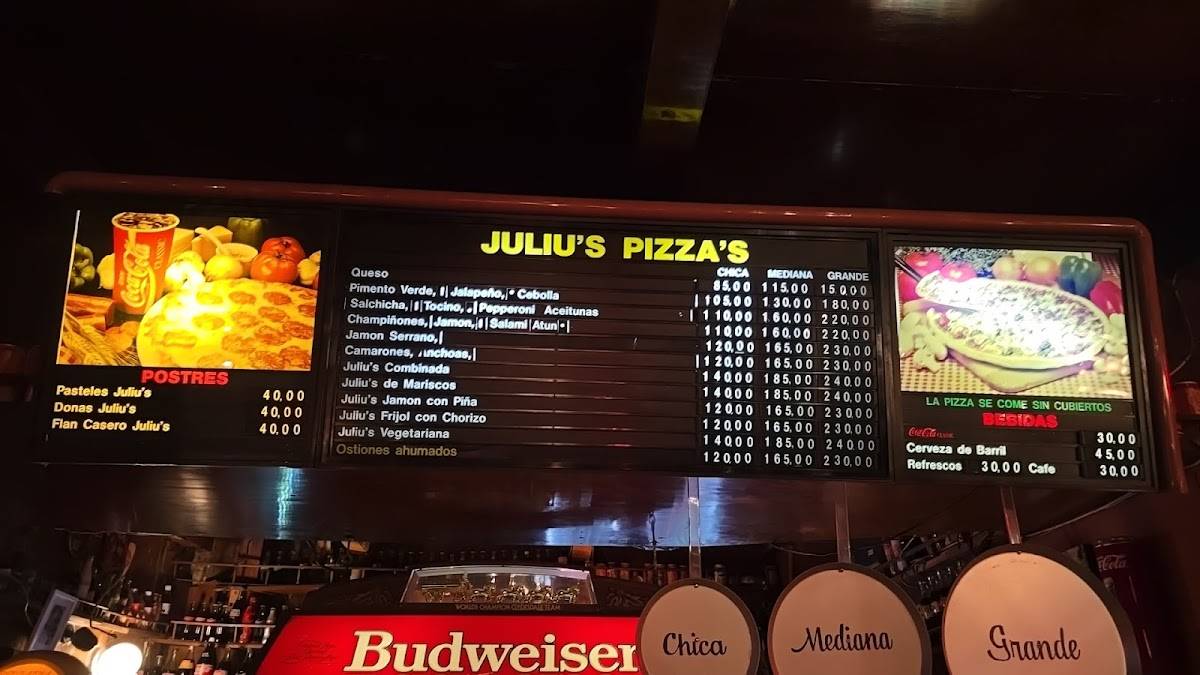 Carta de pizzería Julius Pizzas, Ciudad de México, C. Pilares No. 60