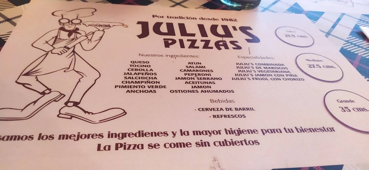 Carta de pizzería Julius Pizzas, Ciudad de México, C. Pilares No. 60