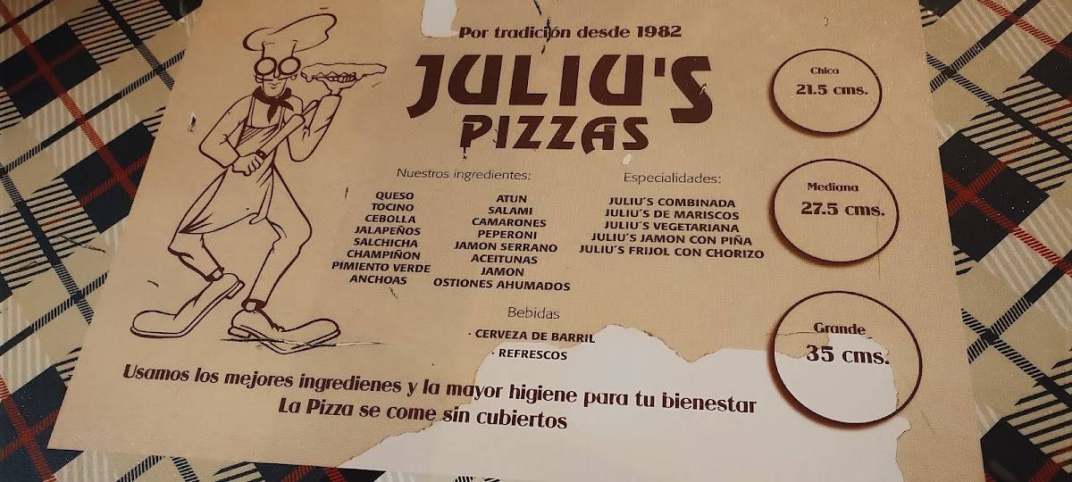 Carta de pizzería Julius Pizzas, Ciudad de México, C. Pilares No. 60