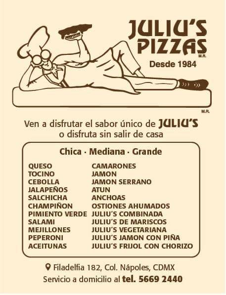 Carta de pizzería Julius Pizzas, Ciudad de México, C. Pilares No. 60