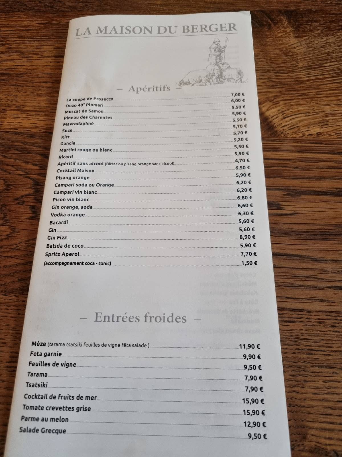 Menu au La Maison du Berger, Jurbise