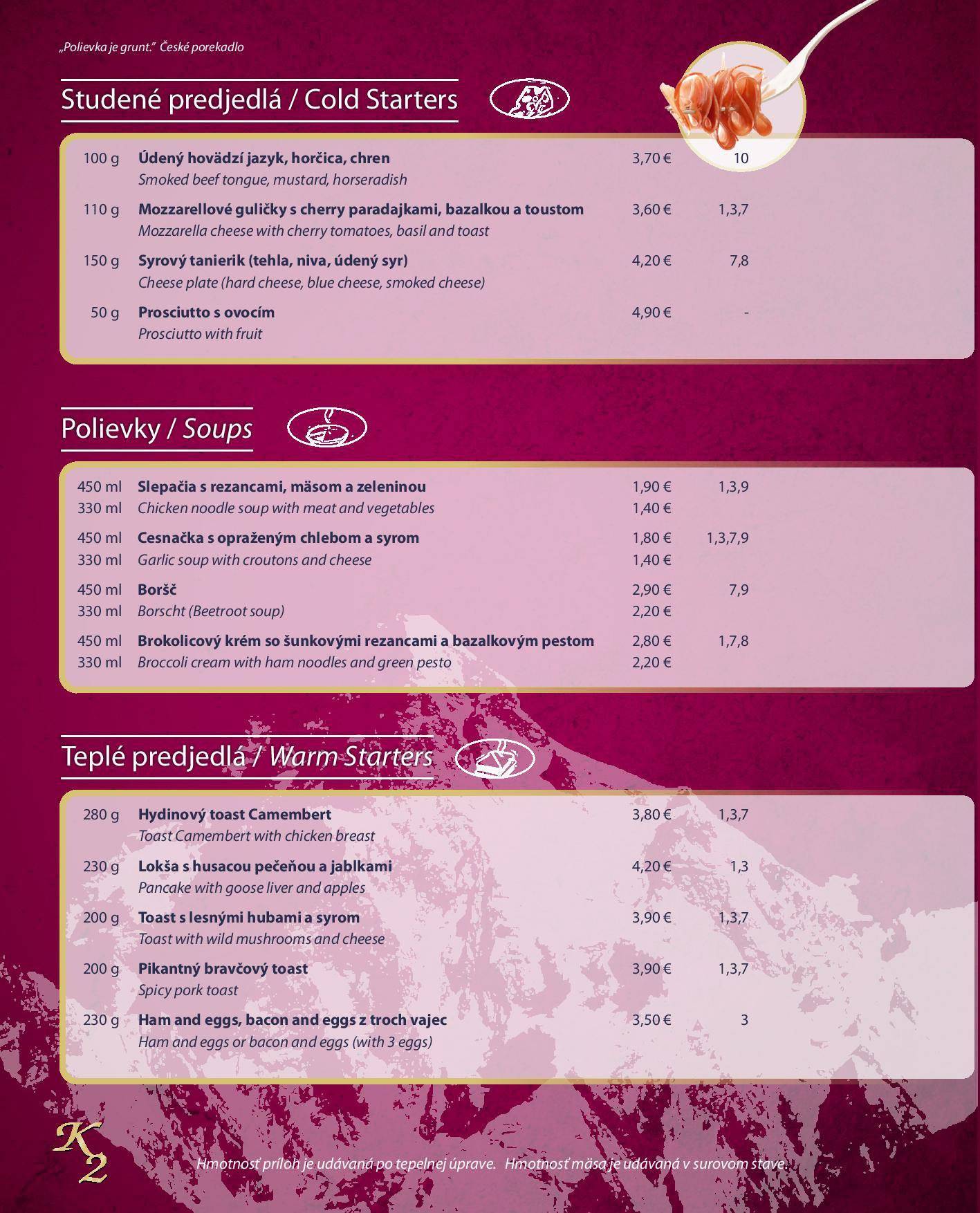 Menu at K2 restaurant, Košice