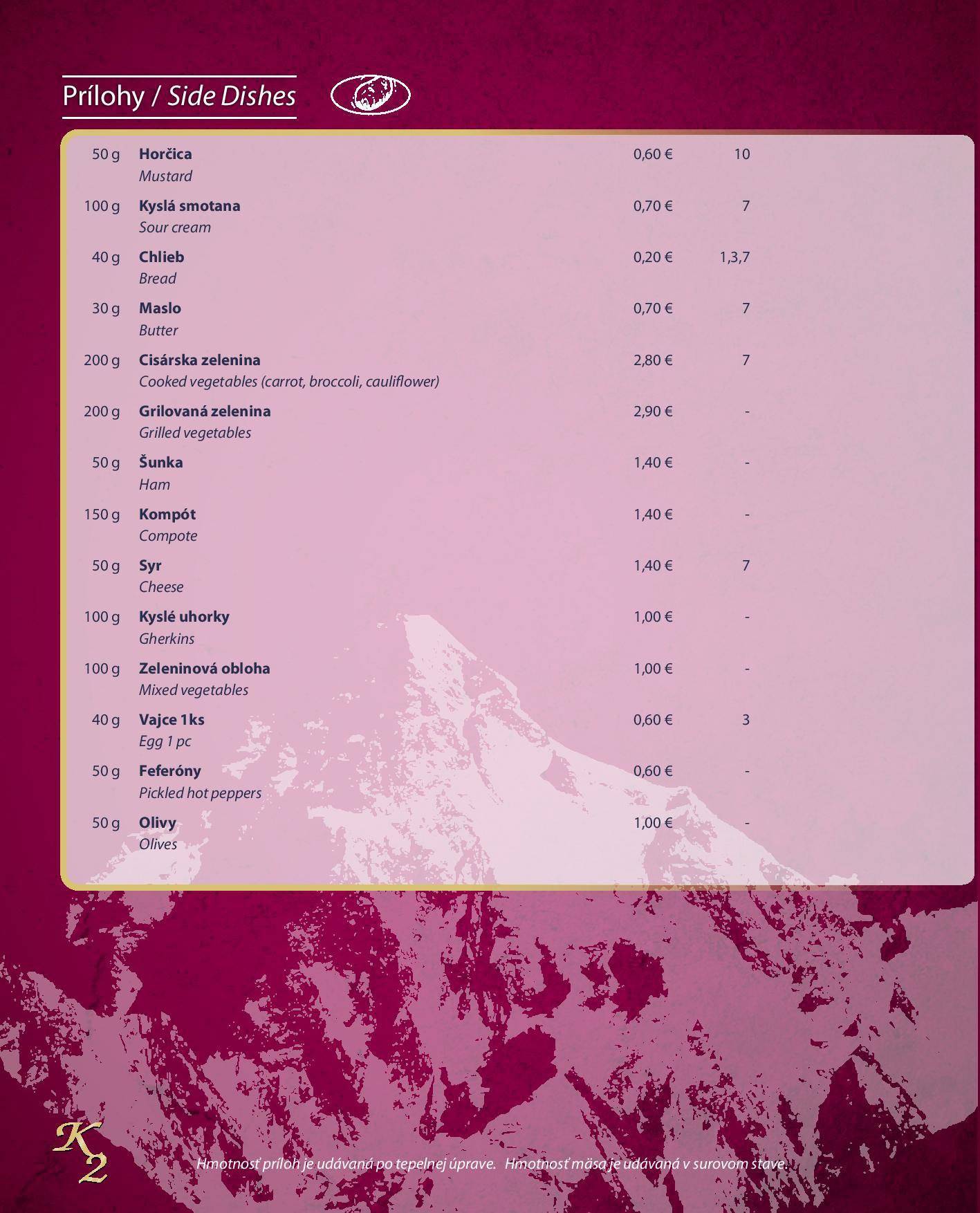 Menu at K2 restaurant, Košice