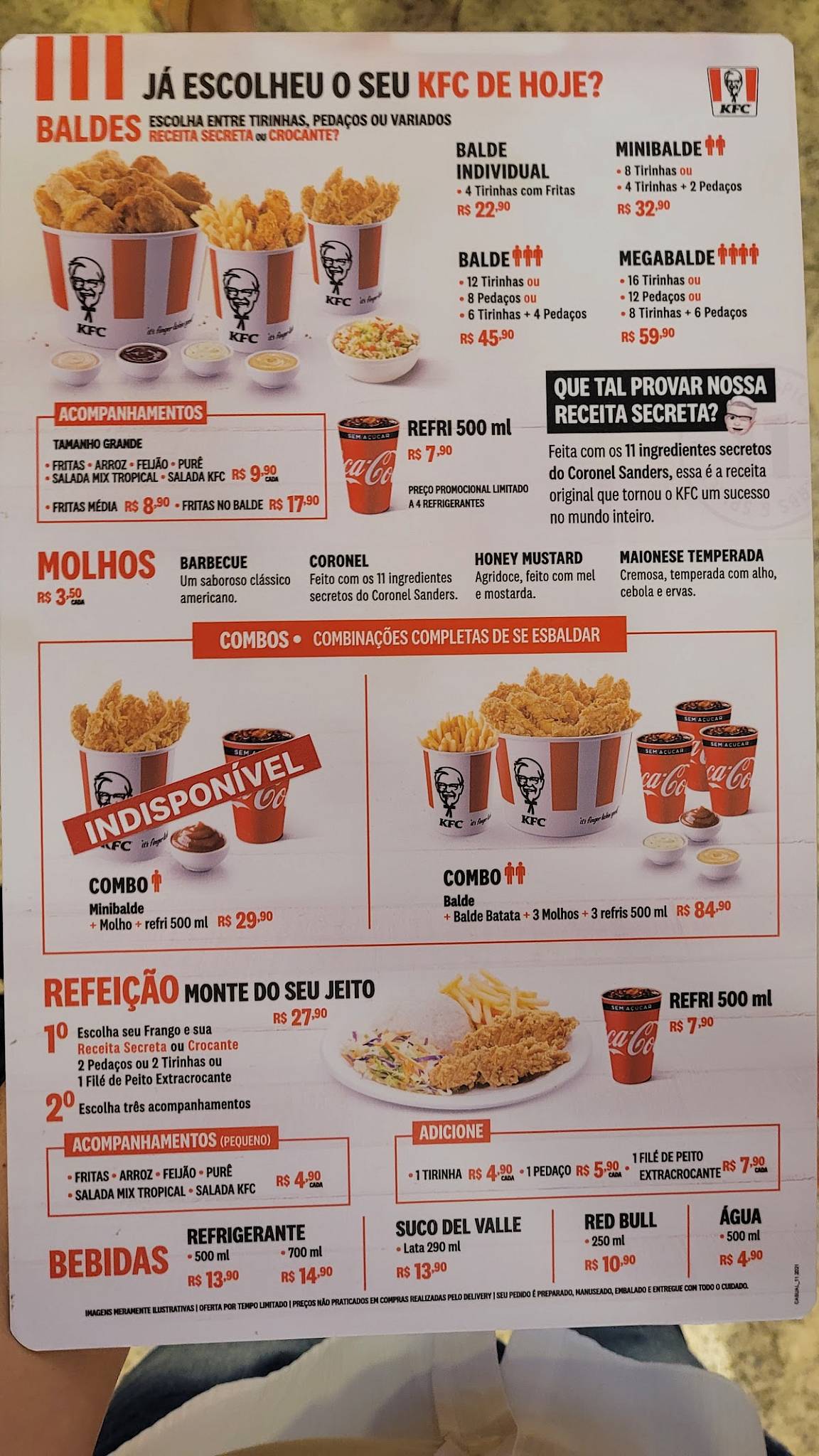 Menu em KFC restaurante, Fortaleza, Av. Washington Soares
