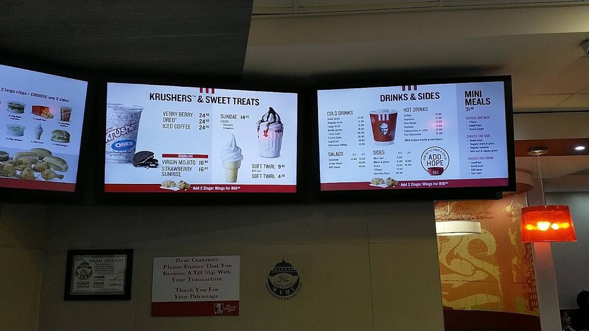 Menu at KFC Sherwood restaurant, Durban, Jan Smuts Hwy