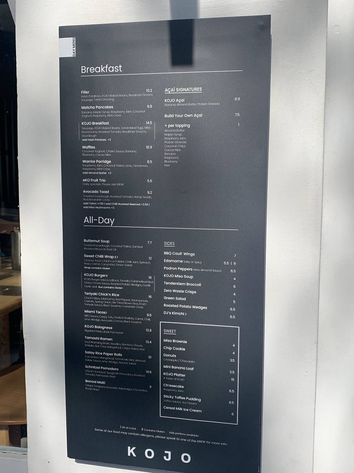 Menu at KOJO restaurant, London, 32-34 Rosslyn Hill