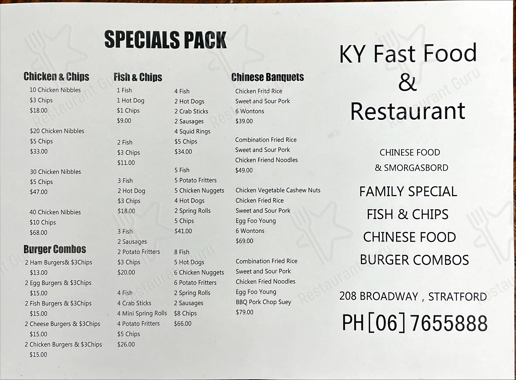 Menu at KY Fast Food & Restaurant, Stratford