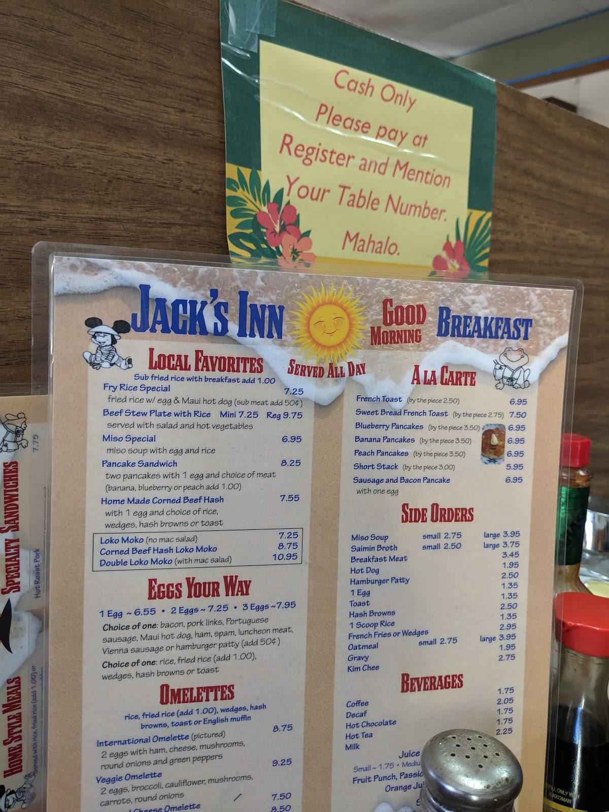 Menu at Jack's Inn breakfast spot restaurant, Kahului