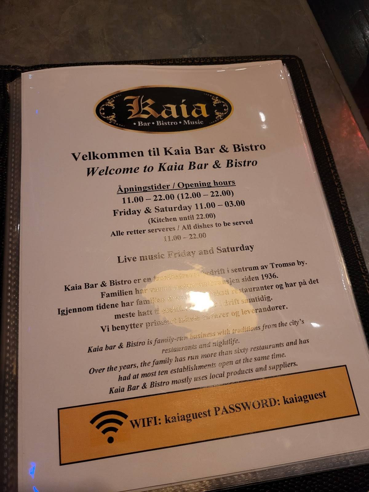 Menu at Kaia pub & bar, Tromsø